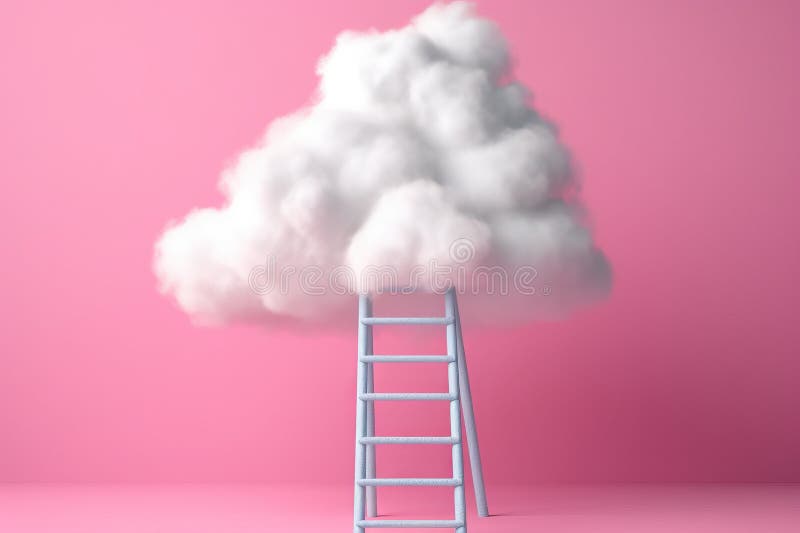 3d Render, White Fluffy Cloud Above the Blue Ladder, Isolated on Pink ...