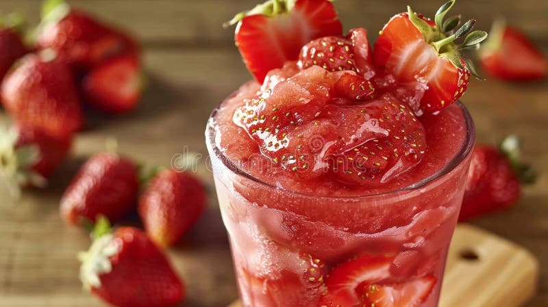 A Delicious Strawberry Slush with Fresh Strawberries As Garnish Stock ...