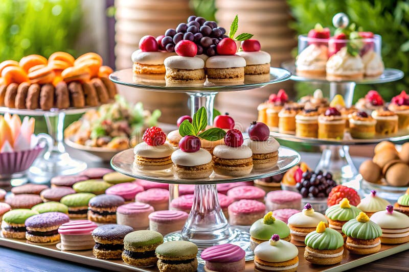 Dessert Table Featuring a Selection of Gourmet Pastries, Macarons, and ...