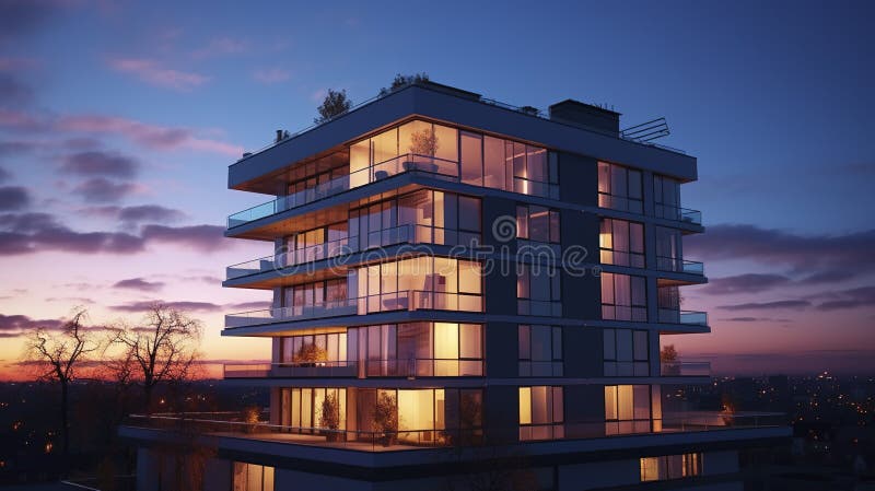 A Dusk Shot of a Lit - Up Quadplex Building Stock Illustration ...