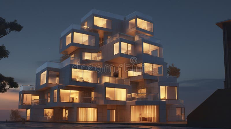 A Dusk Shot of a Lit - Up Quadplex Building Stock Illustration ...