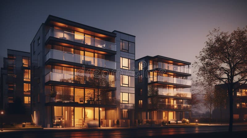 A Dusk Shot of a Lit - Up Quadplex Building Stock Illustration ...
