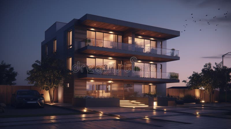 A Dusk Shot of a Lit - Up Quadplex Building Stock Illustration ...