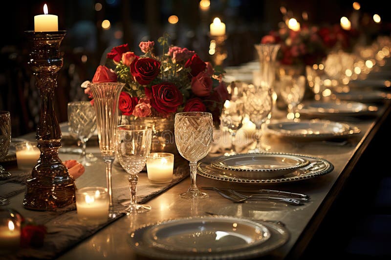Elegant Candlelight Dinner Table Setting at Reception Stock ...