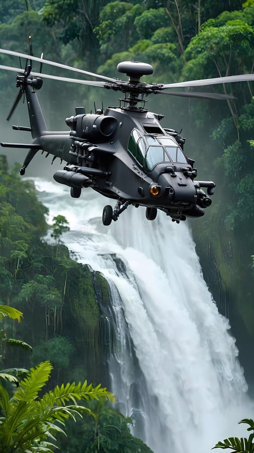 Apache Helicopter Flying between the Green Trees in the Jungle Stock ...