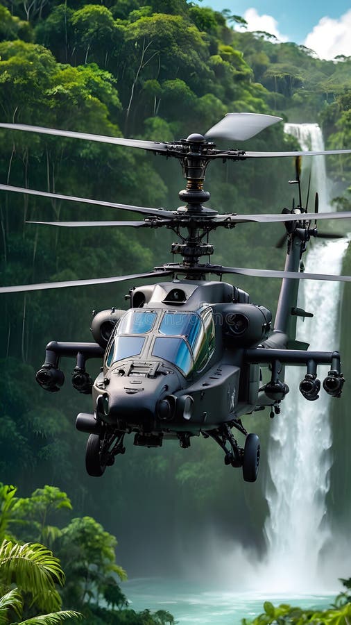 Apache Helicopter Flying between the Green Trees in the Jungle Stock ...