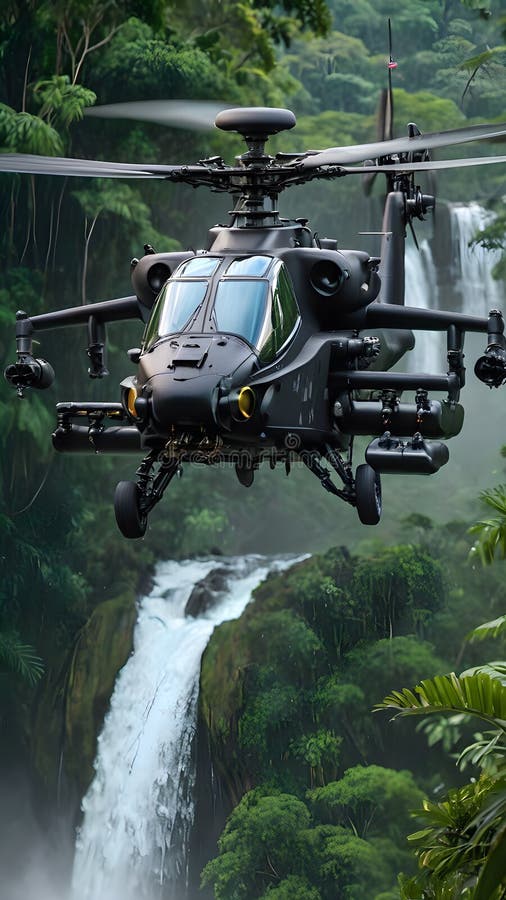 Apache Helicopter Flying between the Green Trees in the Jungle Stock ...