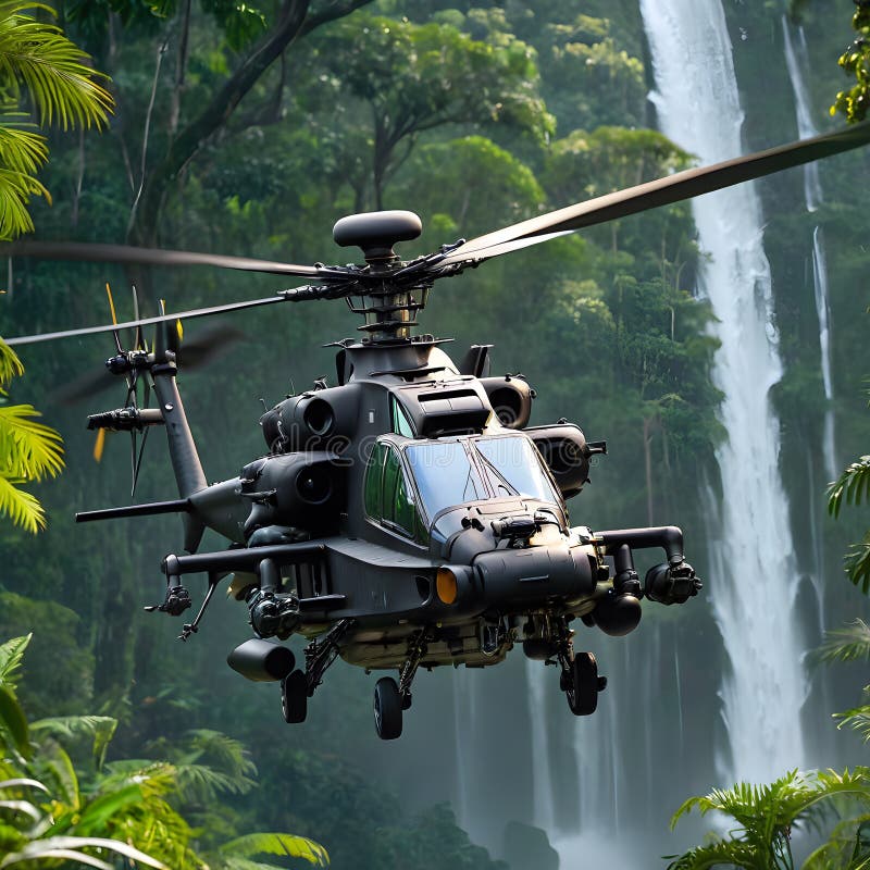Apache Helicopter Flying between the Green Trees in the Jungle Stock ...