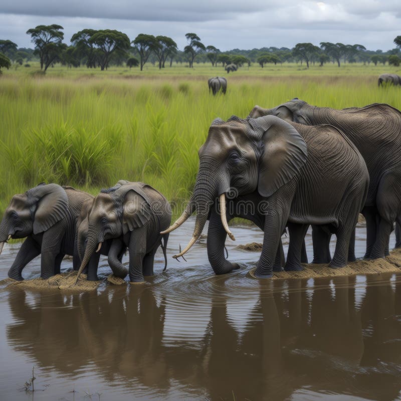 A Family of Elephants Trudging through a Muddy Swamp. Stock ...