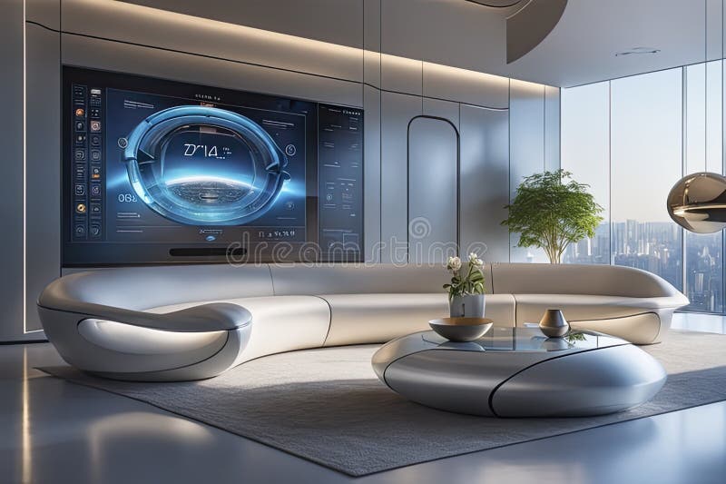 A Futuristic Living Room with a Sleek, Curved Wall of Interactive Home ...