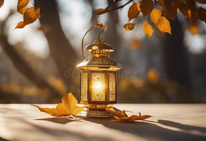 Golden Lantern with Shadow from Sun Light and Leaf on White Background ...