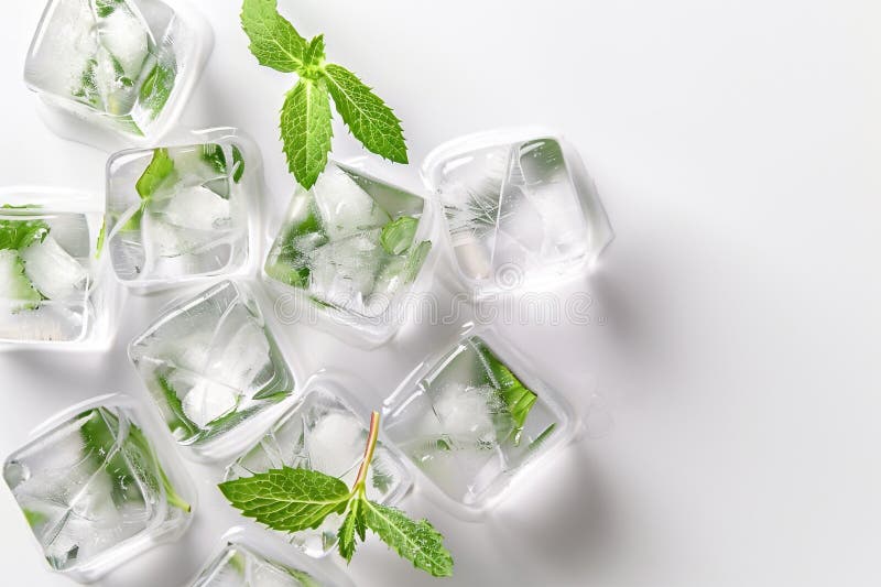 Ice Cubes with Mint Leaves Forming a Triangle Pattern, Isolated on a ...