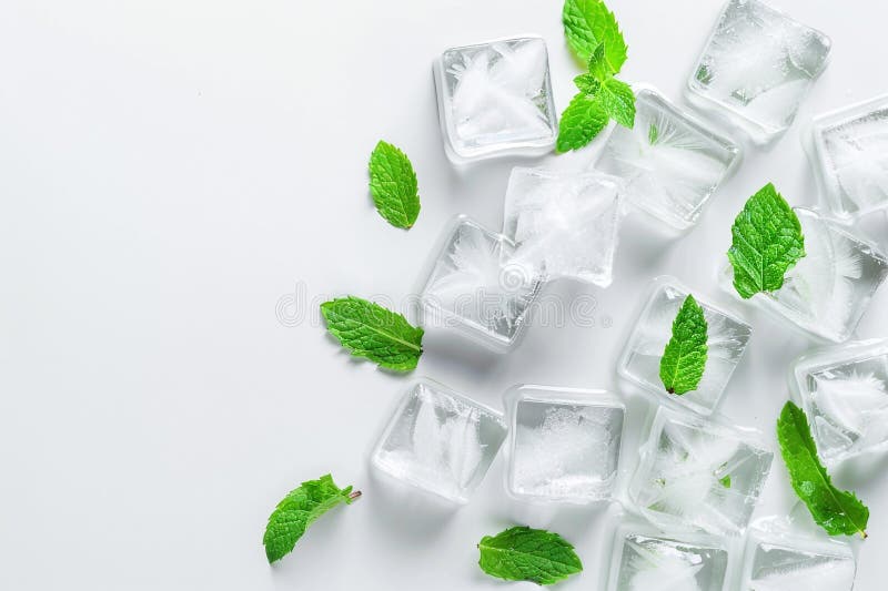 Ice Cubes with Mint Leaves Forming a Triangle Pattern, Isolated on a ...