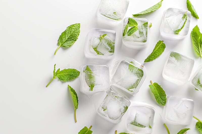 Ice Cubes with Mint Leaves Forming a Triangle Pattern, Isolated on a ...