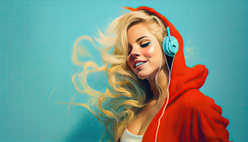 Image Beautiful Blonde Excited Girl Listening Music Headphones Dancing