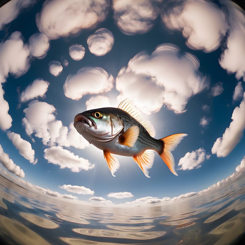 Fish Floating in the Sky with Clouds Background and Fisheye Lens Effect ...