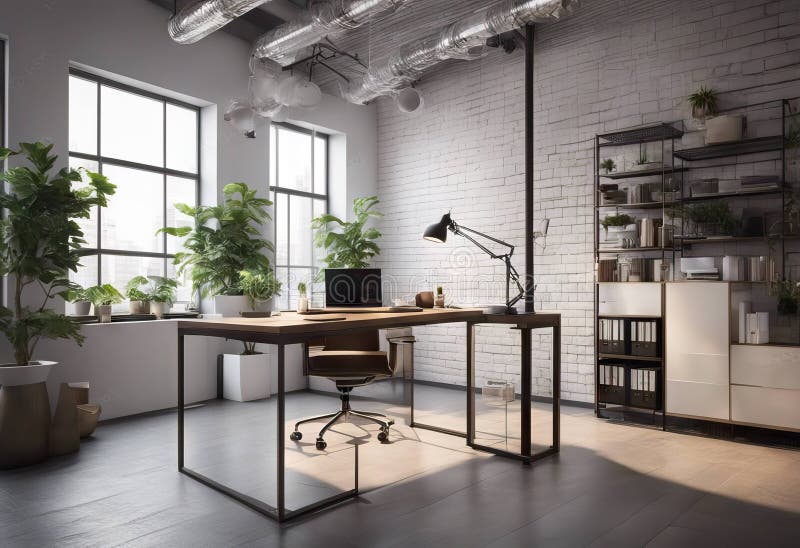 Modern Loft Style Office with White Brick Wall 3d Render Stock ...