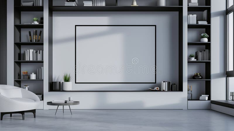 A Modern Media Wall with a Blank Screen LCD, Surrounded by a Sleek ...