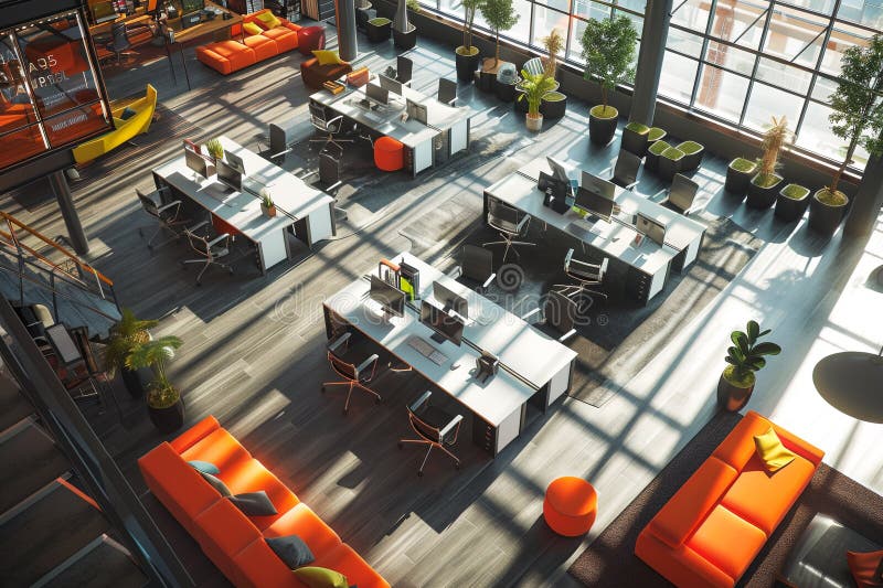 A Modern Open Floor Plan Office with Sleek Desks and Vibrant Lounge ...