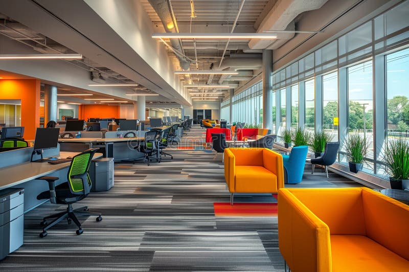 A Modern Open Floor Plan Office with Sleek Desks and Vibrant Lounge ...