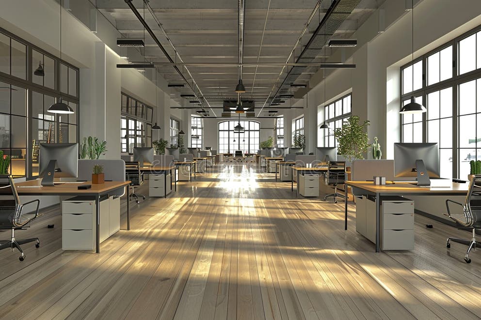 A Modern Open Floor Plan Office with Spacious Desks and Collaborative Workspaces Stock ...