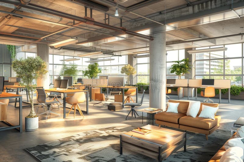 A Modern Open Office with Communal Work Tables and Comfortable Seating ...