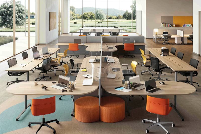 A Modern Open Office with Communal Work Tables and Comfortable Seating ...