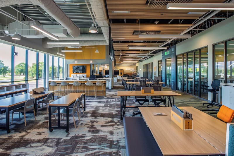 A Modern Open Office with Shared Work Tables and Informal Meeting Areas ...