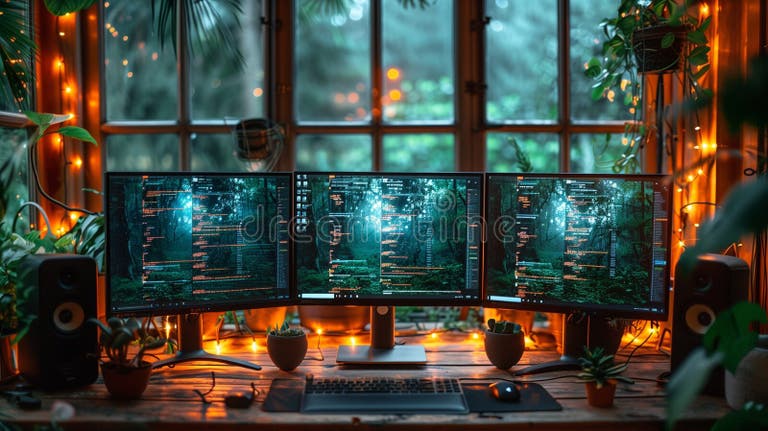 A High Tech Gaming Setup with Multiple Monitors Displaying Vibrant ...
