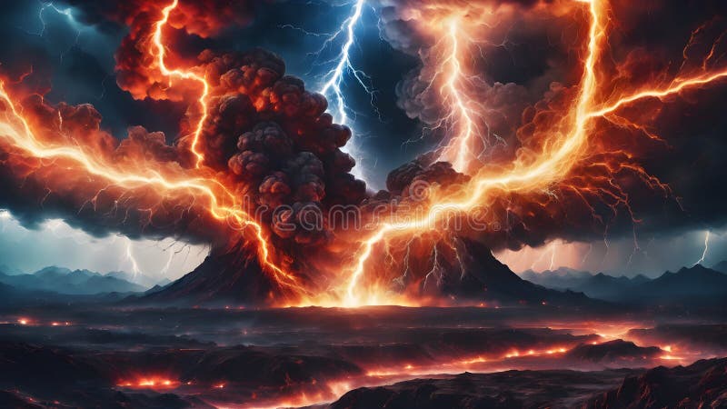 Lightning Bolts and Storm Clouds with Vibrant Red Fire Stock ...