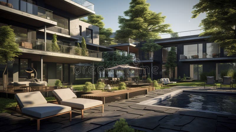 A Quadplex with a Shared Outdoor Recreational Area Stock Illustration ...