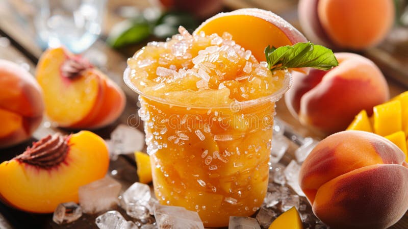 A Refreshing Peach and Mango Slush with Ice Crystals and Fruit Slices ...