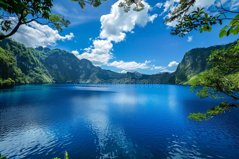 Serene Blue Lake with Clear Sky and White Clouds Above, Encircled by ...