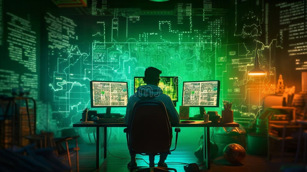 Illustration of Person Sitting in Front of Computer Screens. Stock ...