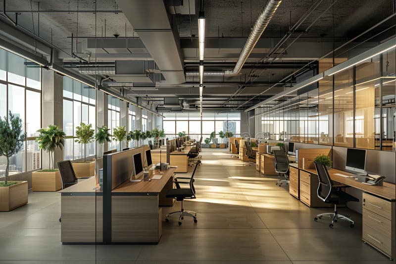 A Spacious Open Office with Team Collaboration Zones and Individual ...