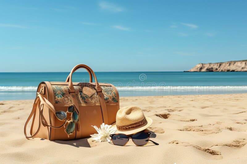 Stylish Beach Accessories on Sandy Sea Shore. Banner Design Stock ...