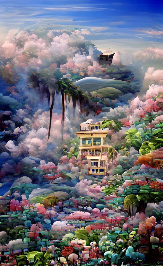 Surreal Painting of Paradise Stock Illustration - Illustration of ...