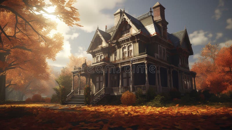 A Victorian House in Autumn with Leaves Falling Around it Stock ...