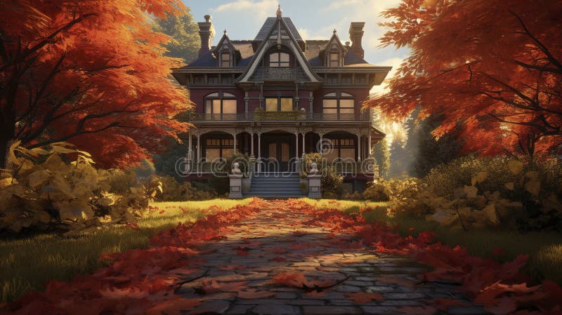 A Victorian House in Autumn with Leaves Falling Around it Stock ...