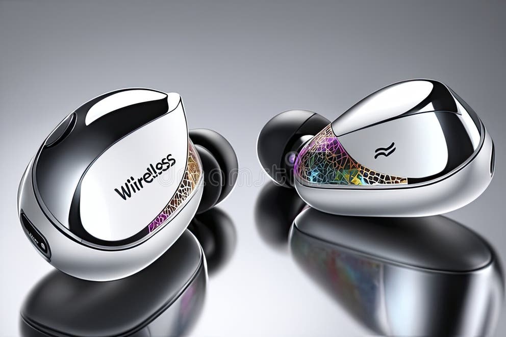 Wireless Earbuds on a Silver Metallic Background Stock Illustration ...