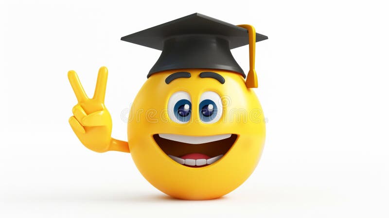 A Yellow Emoji with a Graduation Cap, Grinning and Giving a Peace Sign ...