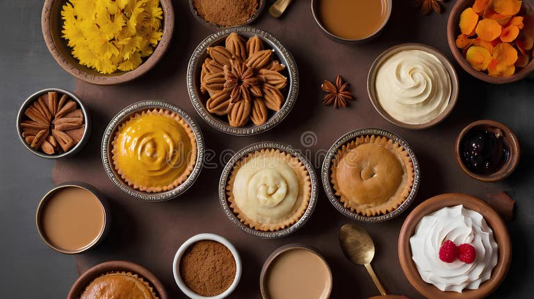 An Array of Desserts in Small Tins with Toppings Like Pecans , Cream ...
