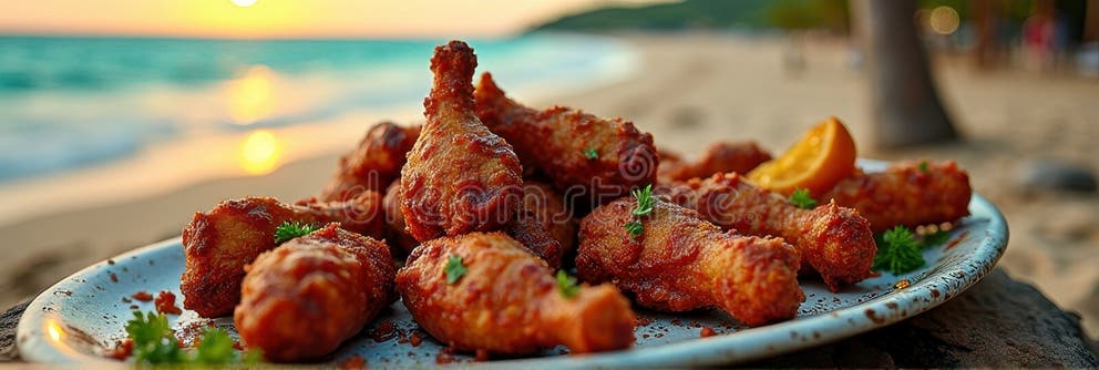 Crispy Fried Chicken Drumsticks on Beach at Sunset Stock Image - Image ...