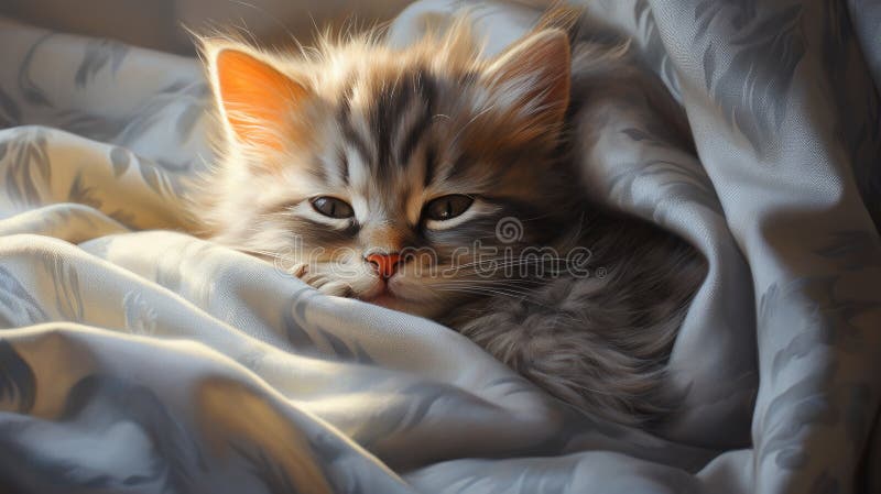Curious Cat Resting on Cozy Bed Stock Illustration - Illustration of ...