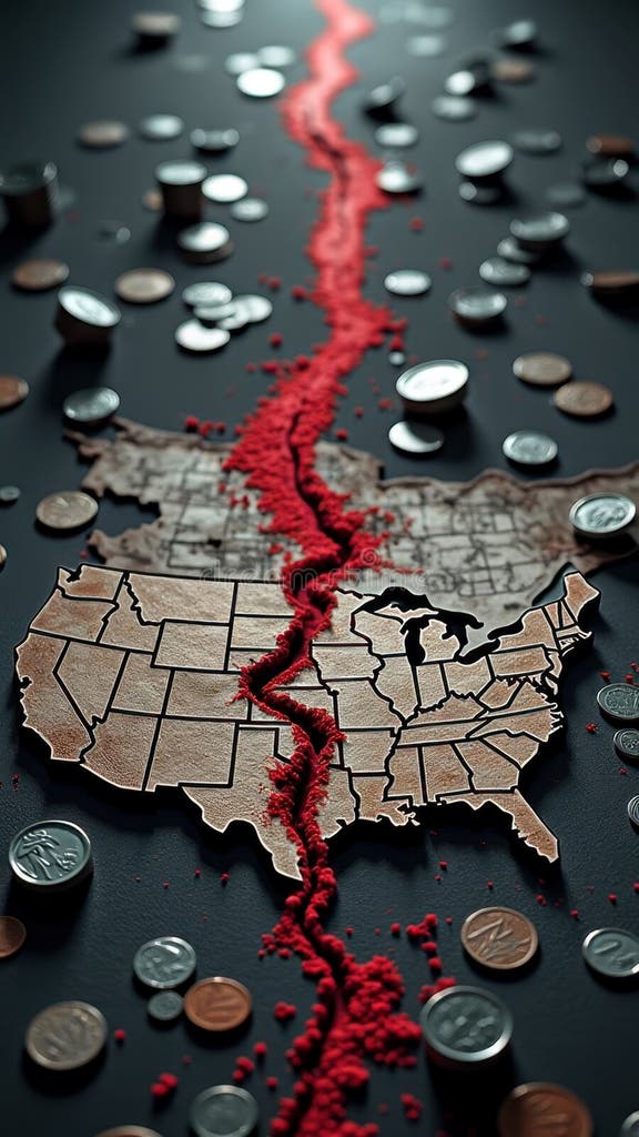 Dramatic Earthquake Crack Divides Usa Map with Scattered Coins and Red ...