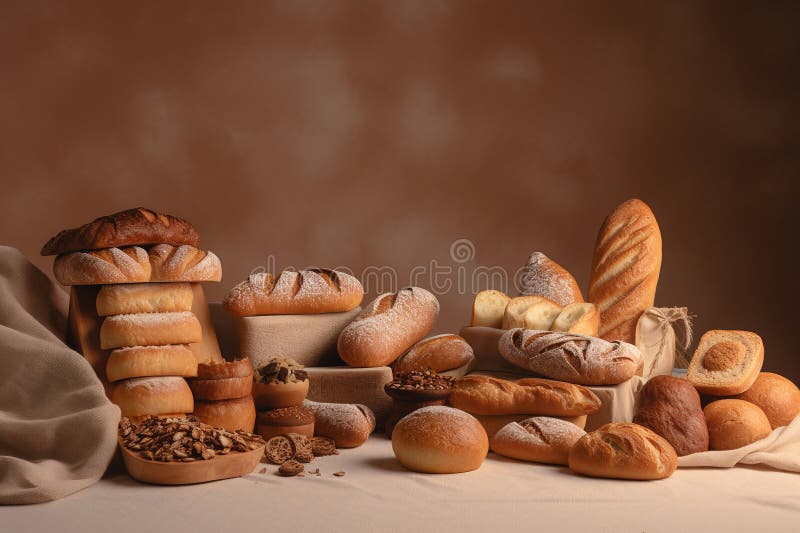 Assorted Bakery Products, Loaves of Bread, Buns on a Light Background ...