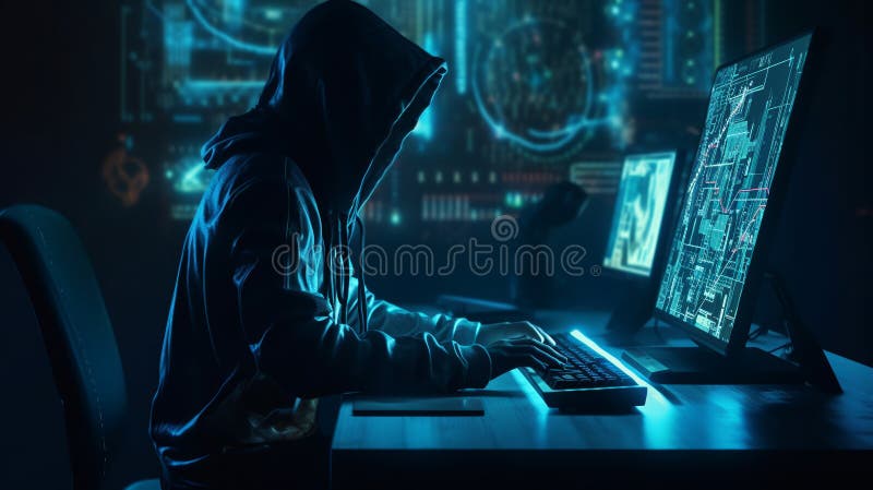 Single Solitary Computer Hacker Works in the Dark Committing Crime. Ai ...