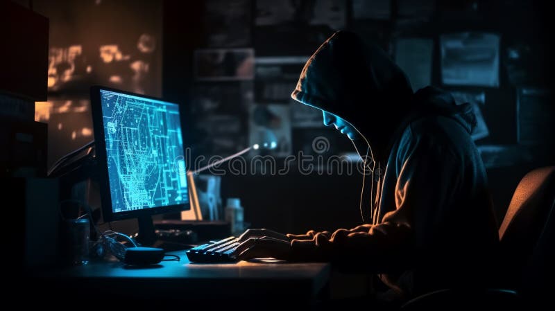 Single Solitary Computer Hacker Works in the Dark Committing Crime. Ai ...