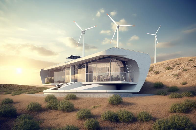 Solar and Wind Turbine Energy Powered Home, Eco Friendly Living. Ai ...
