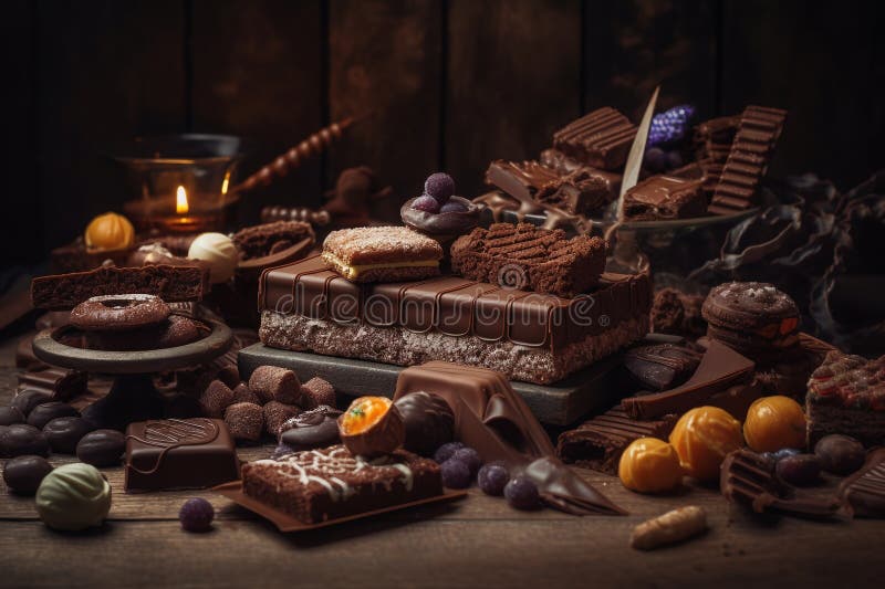Tasty Sweets with Chocolate Bars, Cocoa Powder, and Candies on a ...